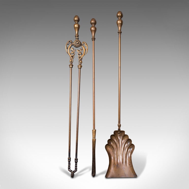 Trio Of Antique Fireside Tools, English, Brass, Poker, Shovel, Tongs ...