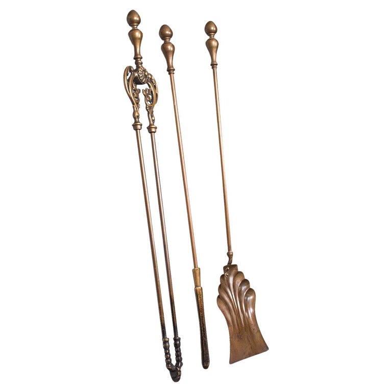 Trio Of Antique Fireside Tools, English, Brass, Poker, Shovel, Tongs ...