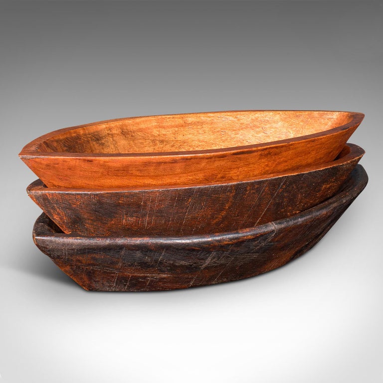 Trio of Antique Peasant Bowls, Indian, Hand Carved, Oval Dish ...