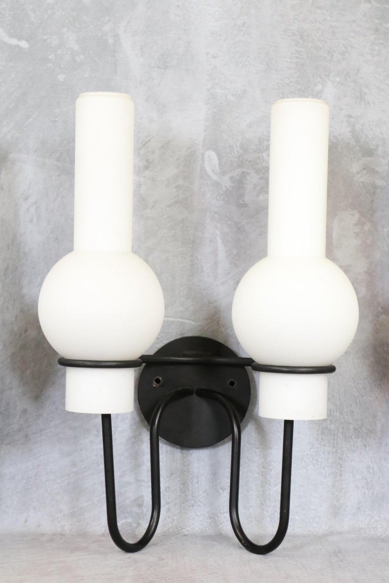 Trio of Double Sconces RAAK in Opaline and Metal, Netherlands, 1970 For ...
