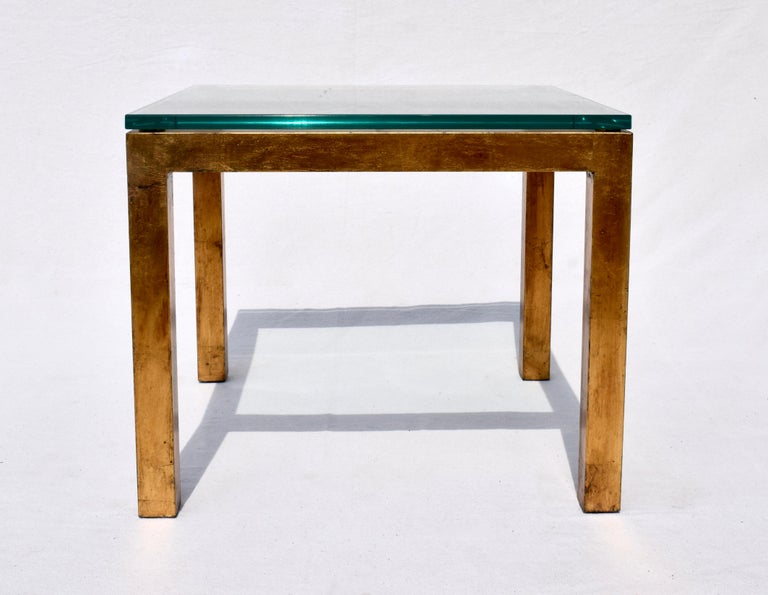 Trio of Gilt Metal Parsons Side Tables With Thick Glass Tops For Sale at 1stDibs