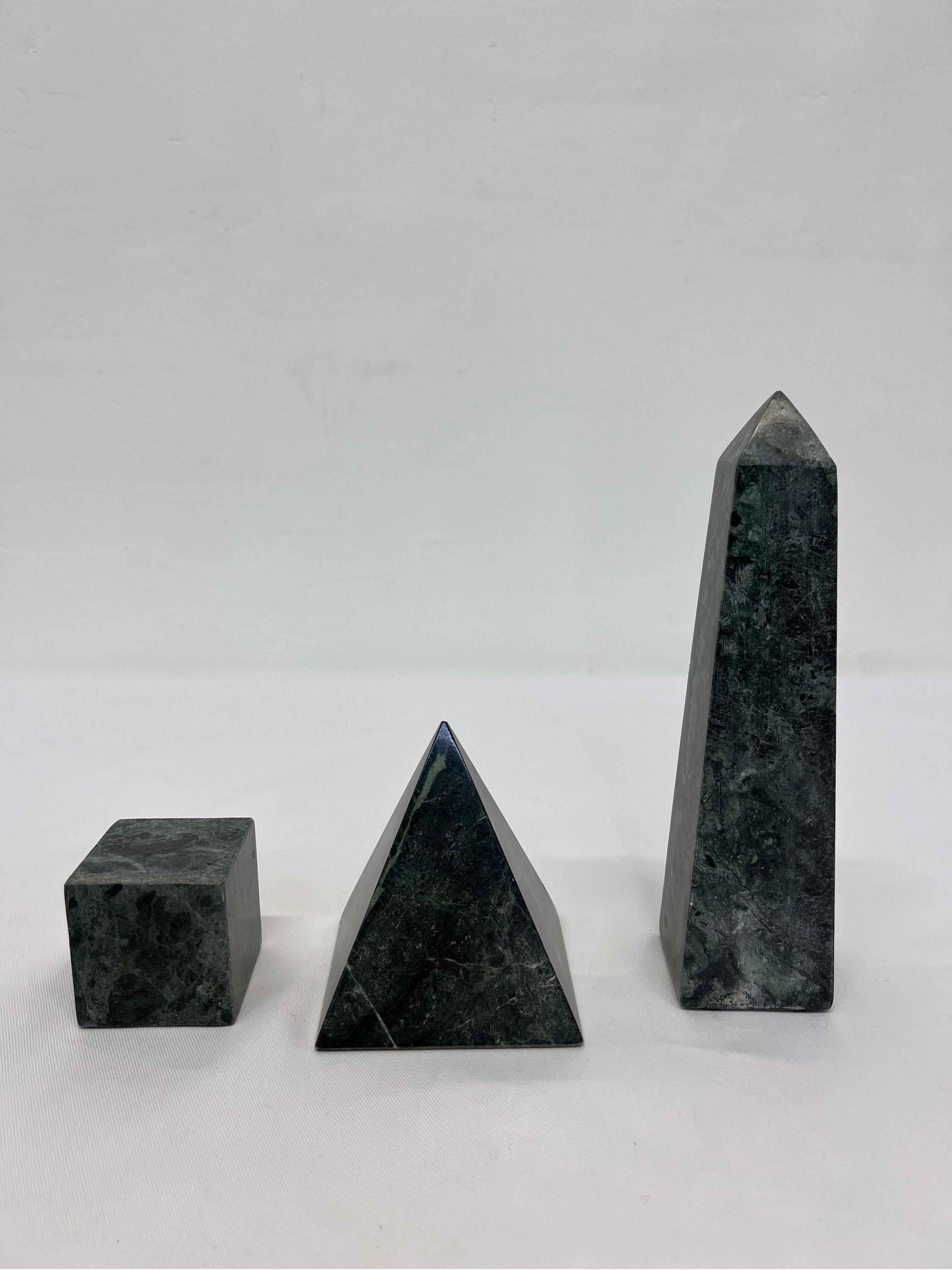 Trio of Green Marble Table Top Sculptures - Obelisk, Pyramid and Cube ...