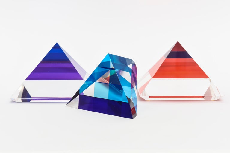 Set of Three Orange, Purple, Sapphire Blue Lucite Pyramid Sculptures ...