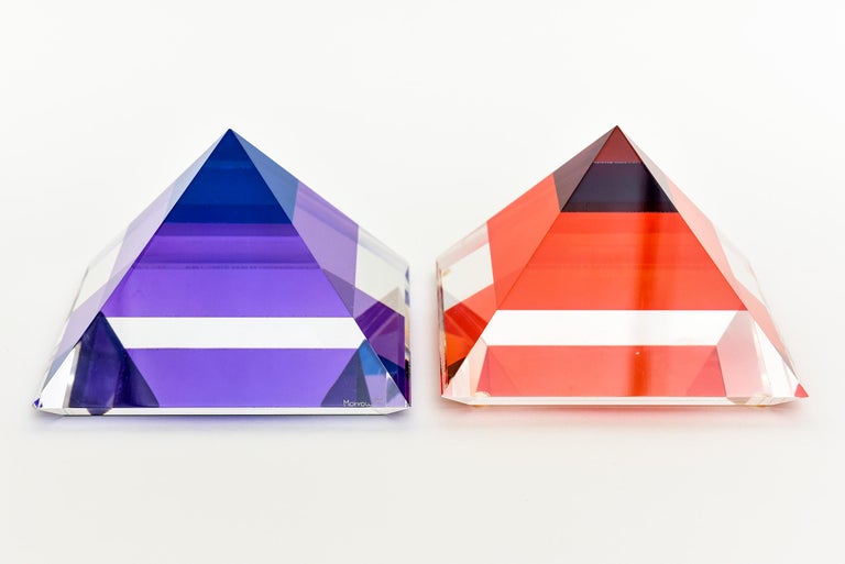 Set of Three Orange, Purple, Sapphire Blue Lucite Pyramid Sculptures ...