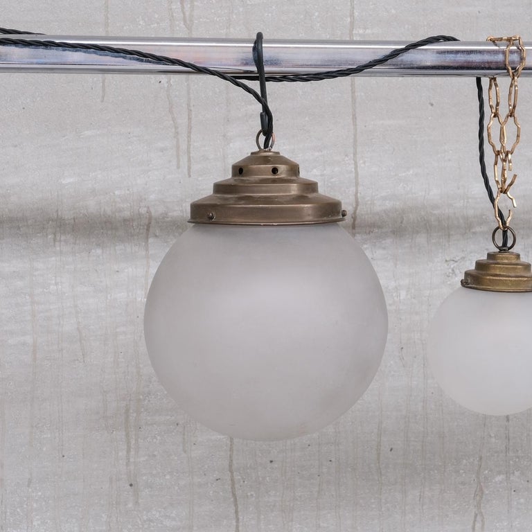 Trio of Opaque Glass and Brass Pendant Lights For Sale at 1stDibs