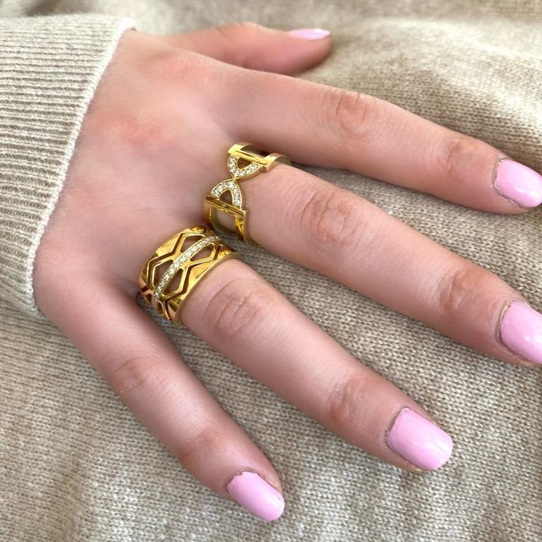 Trio of Zig Zag Diamond and 18 Karat Gold Interlocking Band Rings For ...