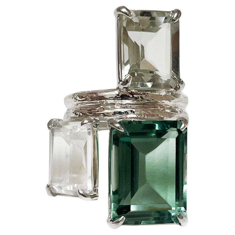 Bague Trio en quartz vert, Prasiolite, topaze blanche et argent ...