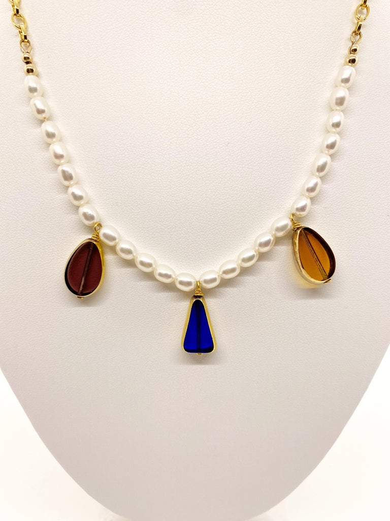 Trio Charm Vintage German Glass Bead on Freshwater Pearls and Chain For ...