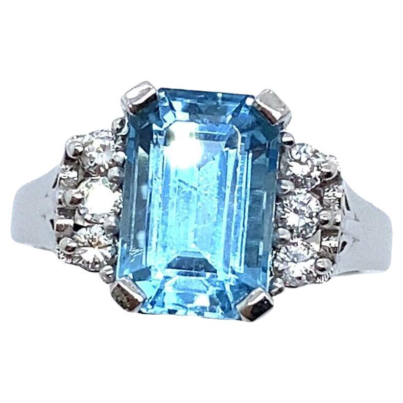 Triple AAA Emerald Cut 3.10ct Aquamarine Ring w/ 3 Diamonds on Sides in ...