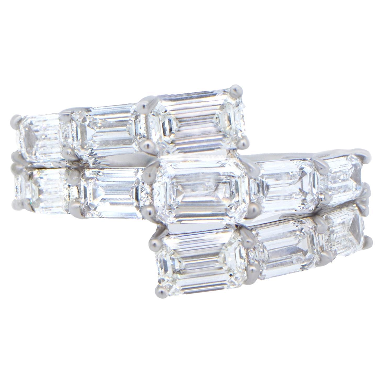 Triple Bypass Emerald Cut Diamond Ring 4.64 Carats 18K White Gold For ...