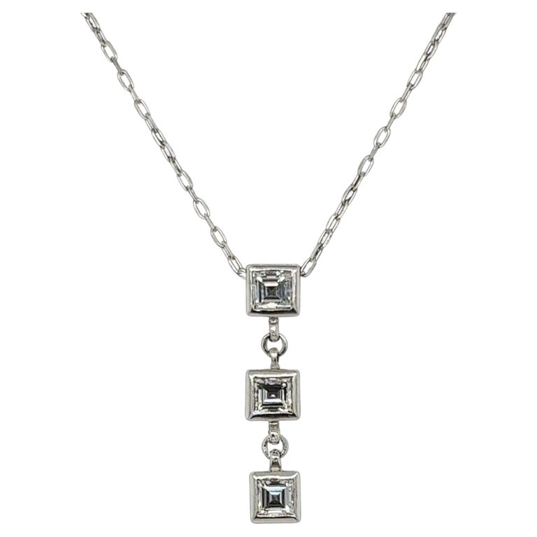 Triple Carre Baguette Diamond Drop Platinum Pendant Necklace For Sale ...