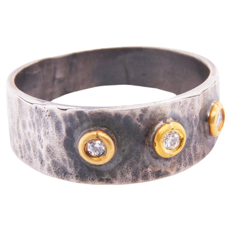 Triple Diamond 24K and Silver Ring with Hammered Textured Band For Sale ...