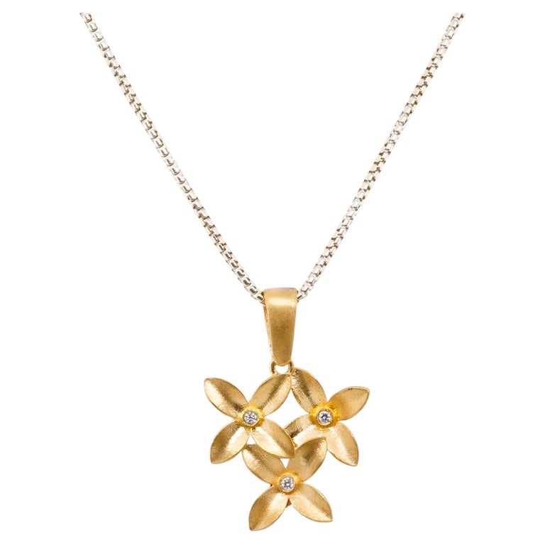Triple Four-Petal Flower Charm Pendant Necklace with Diamonds, 24kt ...