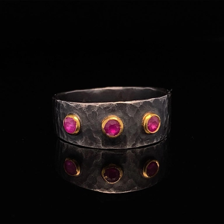 Triple Ruby 24K and Silver Ring with Hammered Textured Band For Sale at ...