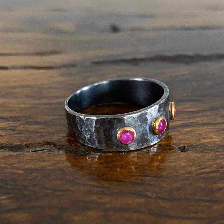 Triple Ruby 24K and Silver Ring with Hammered Textured Band For Sale at ...