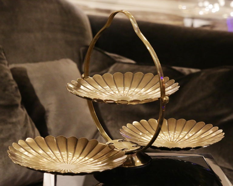Triple Shell Serving Piece in Vintage Brass For Sale at 1stDibs