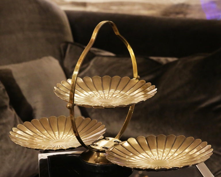 Triple Shell Serving Piece in Vintage Brass For Sale at 1stDibs