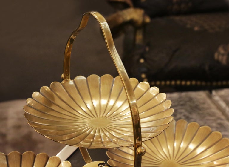 Triple Shell Serving Piece in Vintage Brass For Sale at 1stDibs