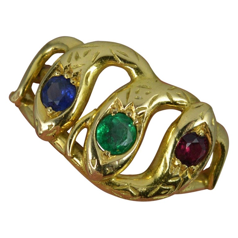 Triple Snake 18 Carat Gold Ruby Sapphire Emerald Set Ring For Sale at ...