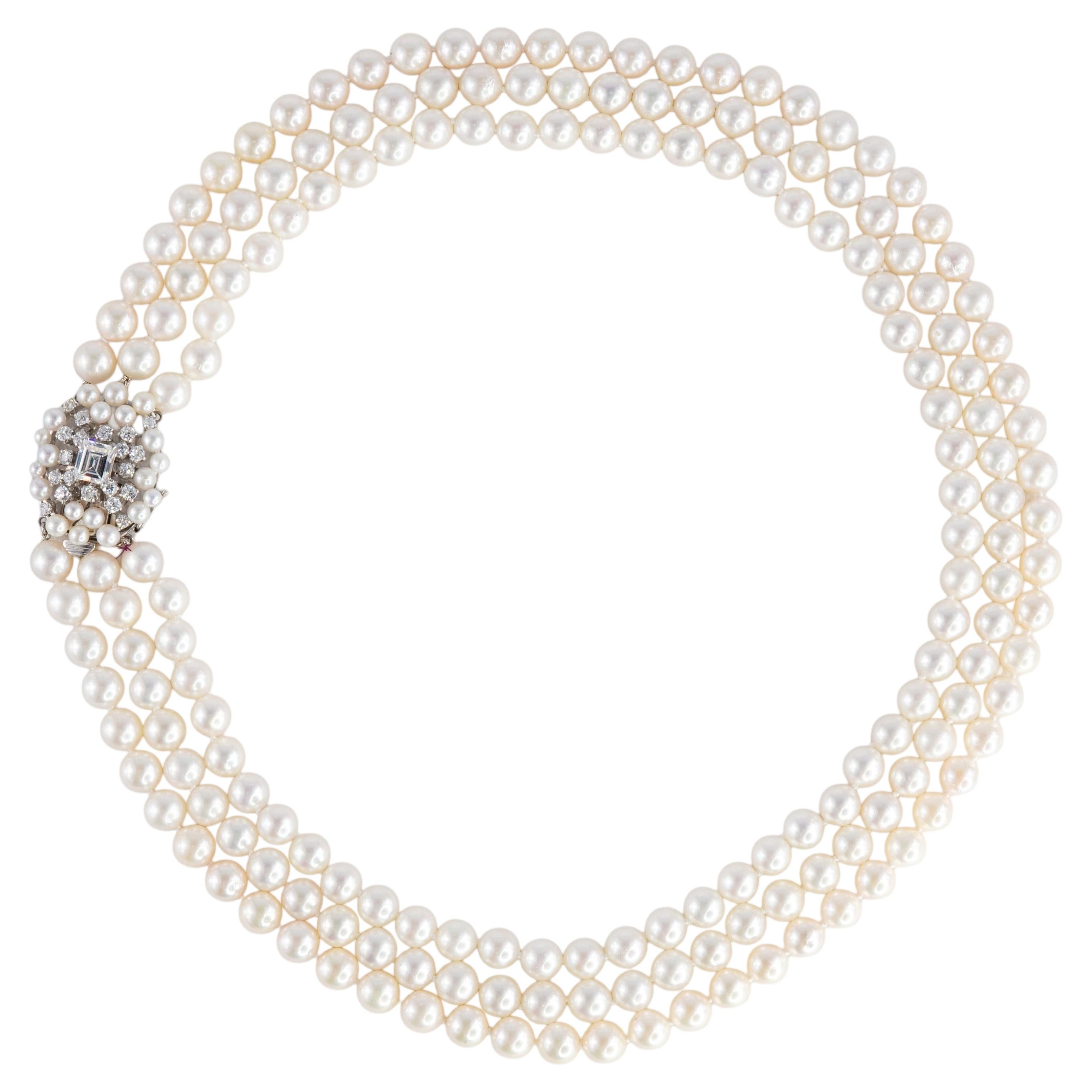 Three Strand 9mm Akoya Pearl Diamond Emerald Platinum Necklace For Sale ...