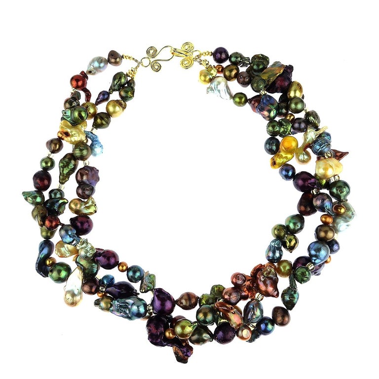 Triple Strand Multi-Color Pearl Necklace at 1stDibs