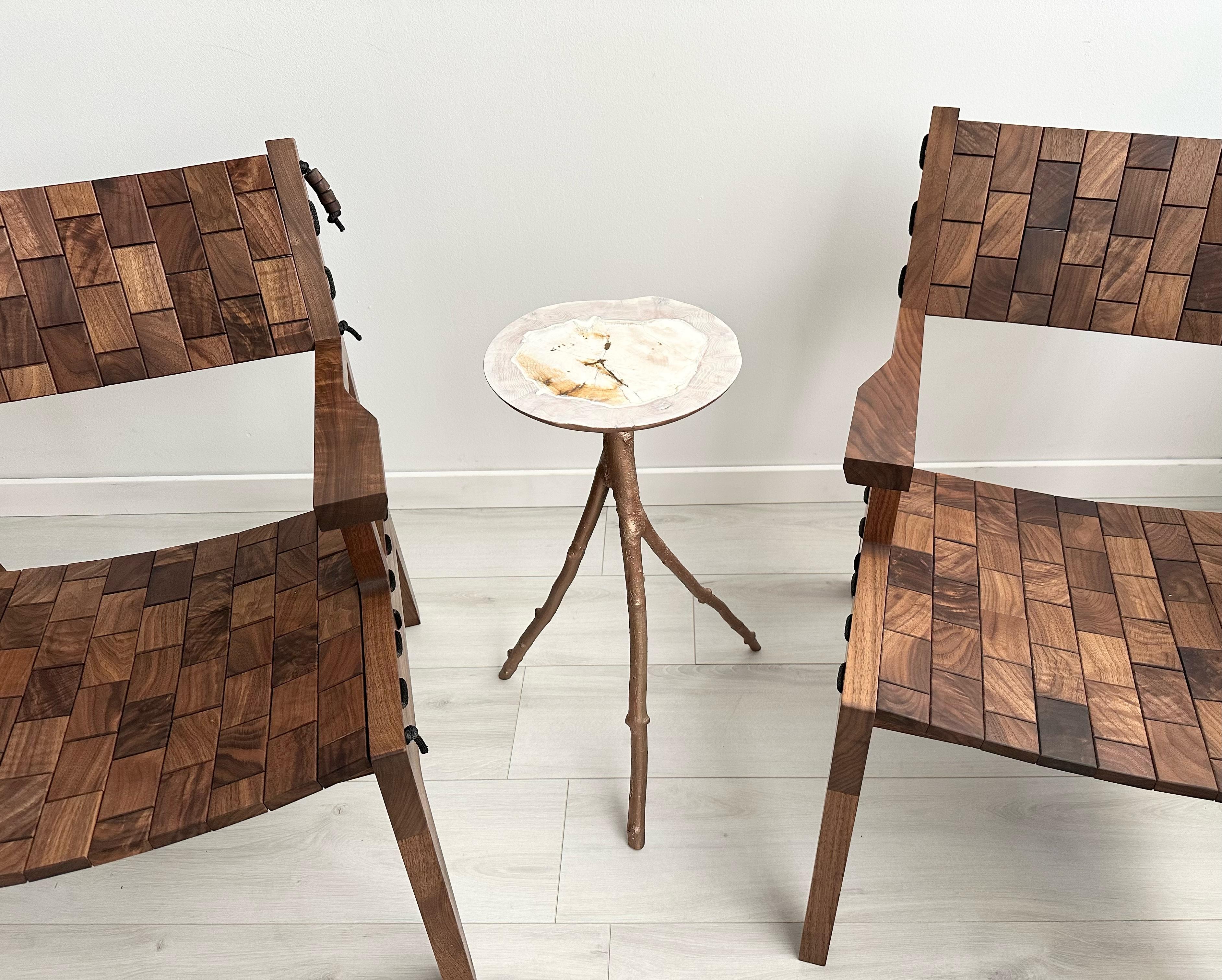 Tripod Table Handcrafted of Petrified Wood, Cast Bronze, and Burl Ash For Sale at 1stDibs