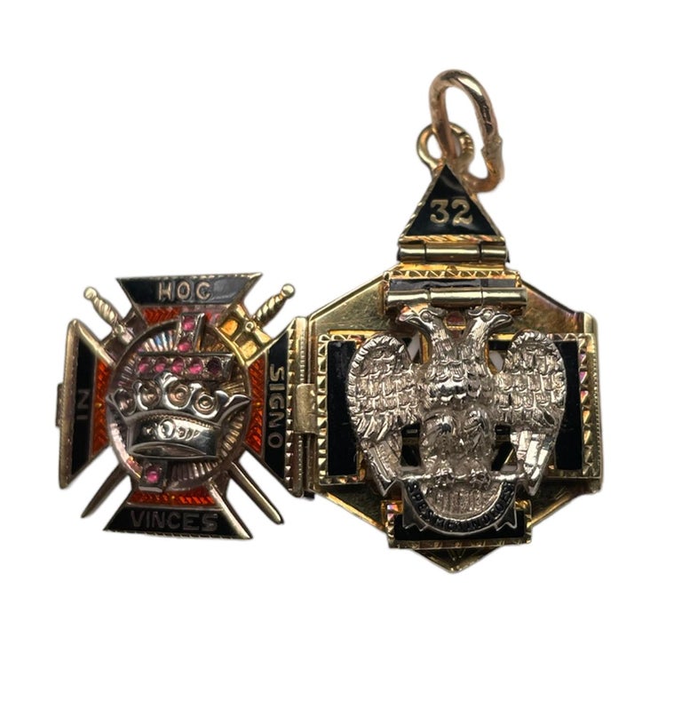 14K Yellow Gold Enamel Masonic 32nd Degree Double Eagles Triptych ...