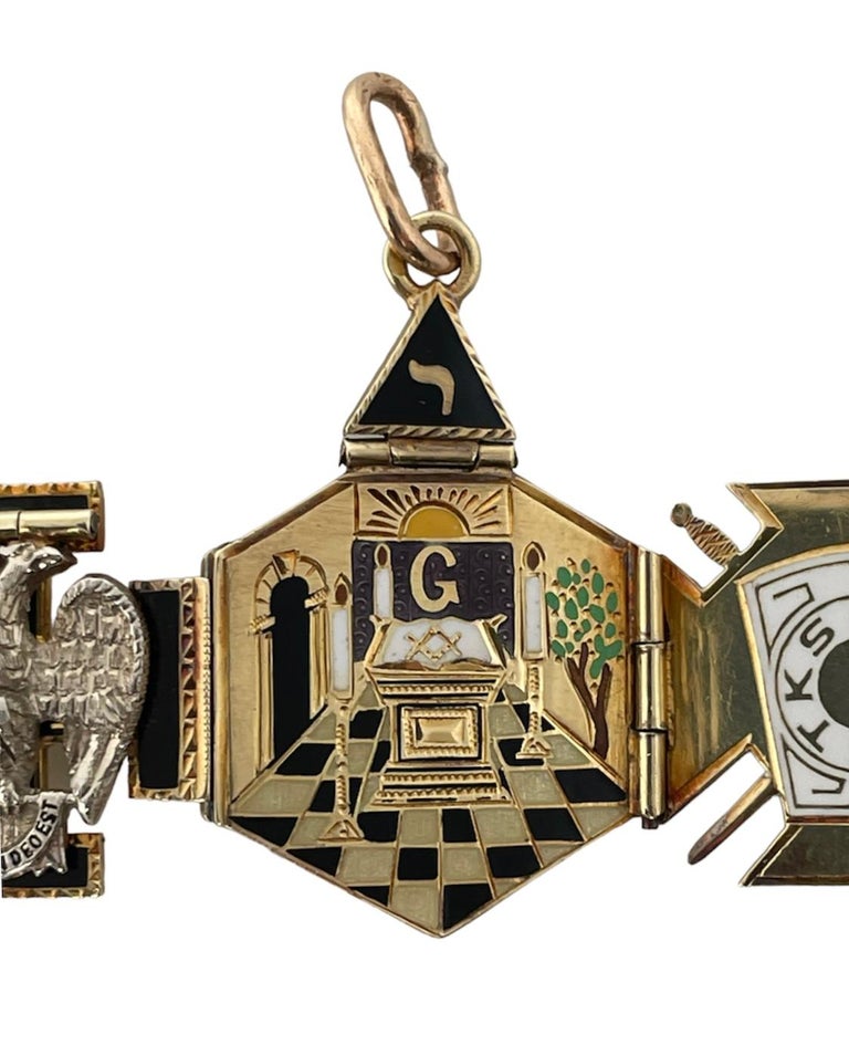 14K Yellow Gold Enamel Masonic 32nd Degree Double Eagles Triptych ...