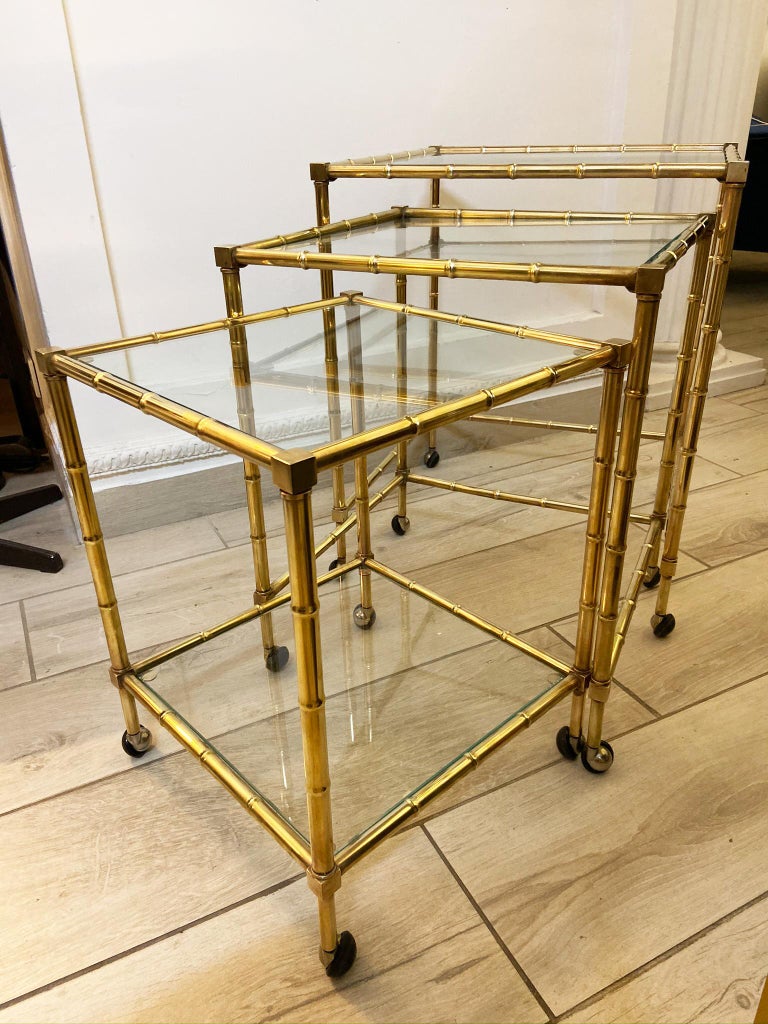 Tris of Faux Bamboo Brass Nesting Bar Cart, 1960s, Italy at 1stDibs