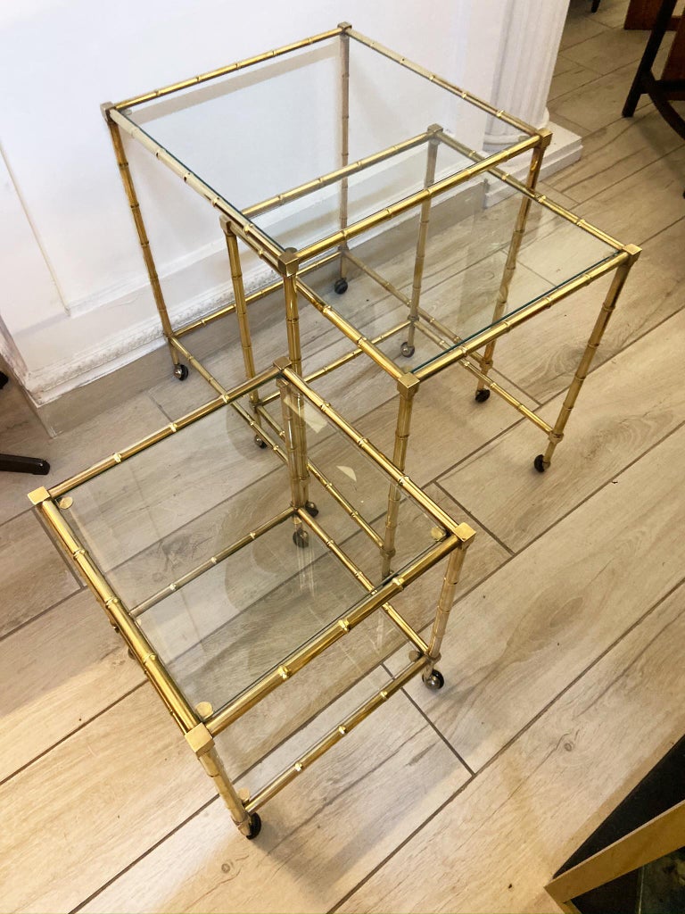 Tris of Faux Bamboo Brass Nesting Bar Cart, 1960s, Italy at 1stDibs