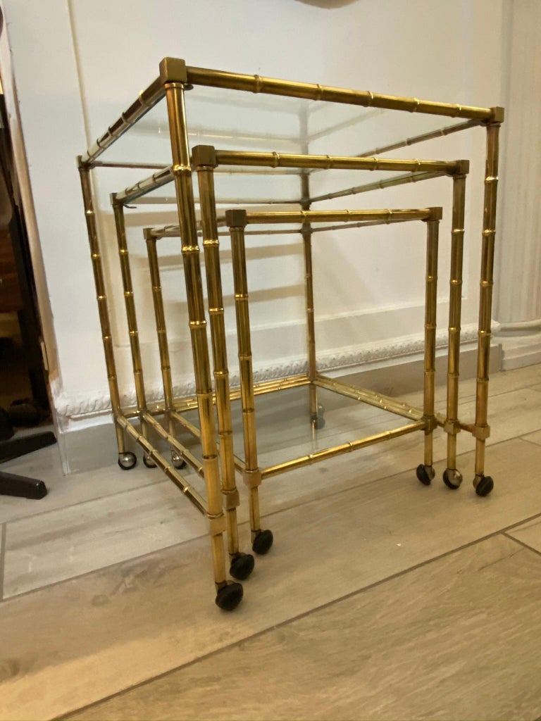 Tris of Faux Bamboo Brass Nesting Bar Cart, 1960s, Italy at 1stDibs