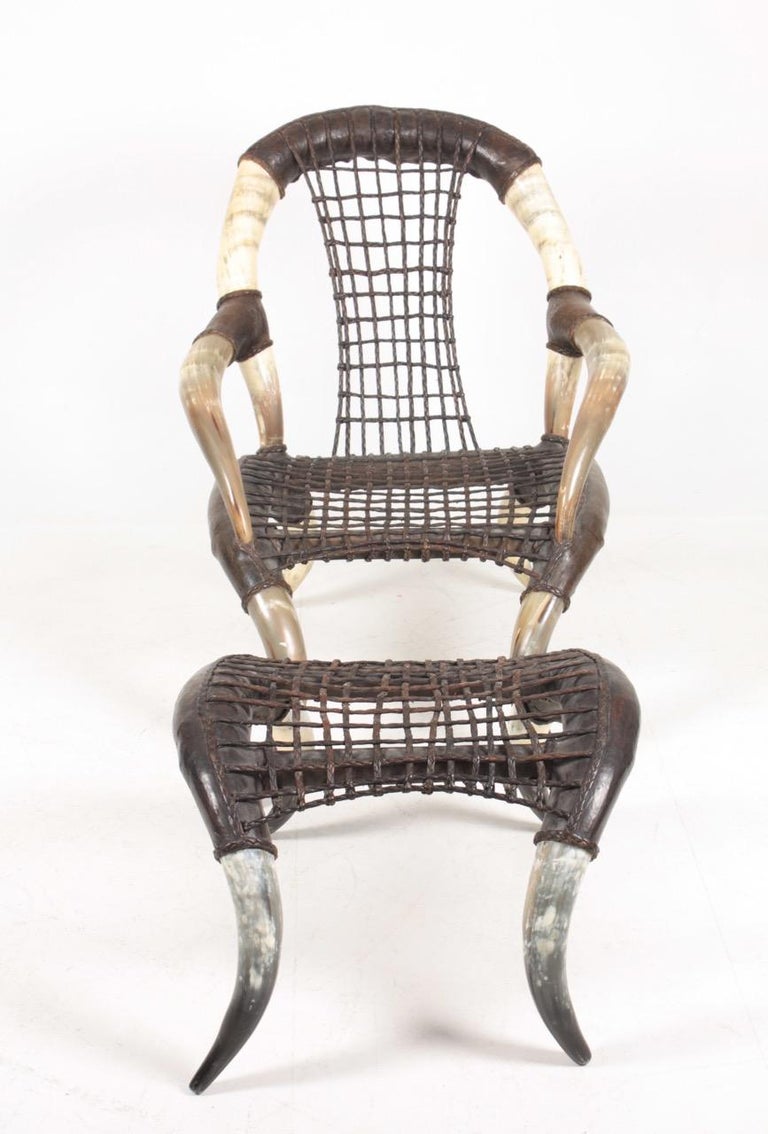 Trophy Bull Horn Chair and Stool with Patinated Leather, 1960s For Sale ...