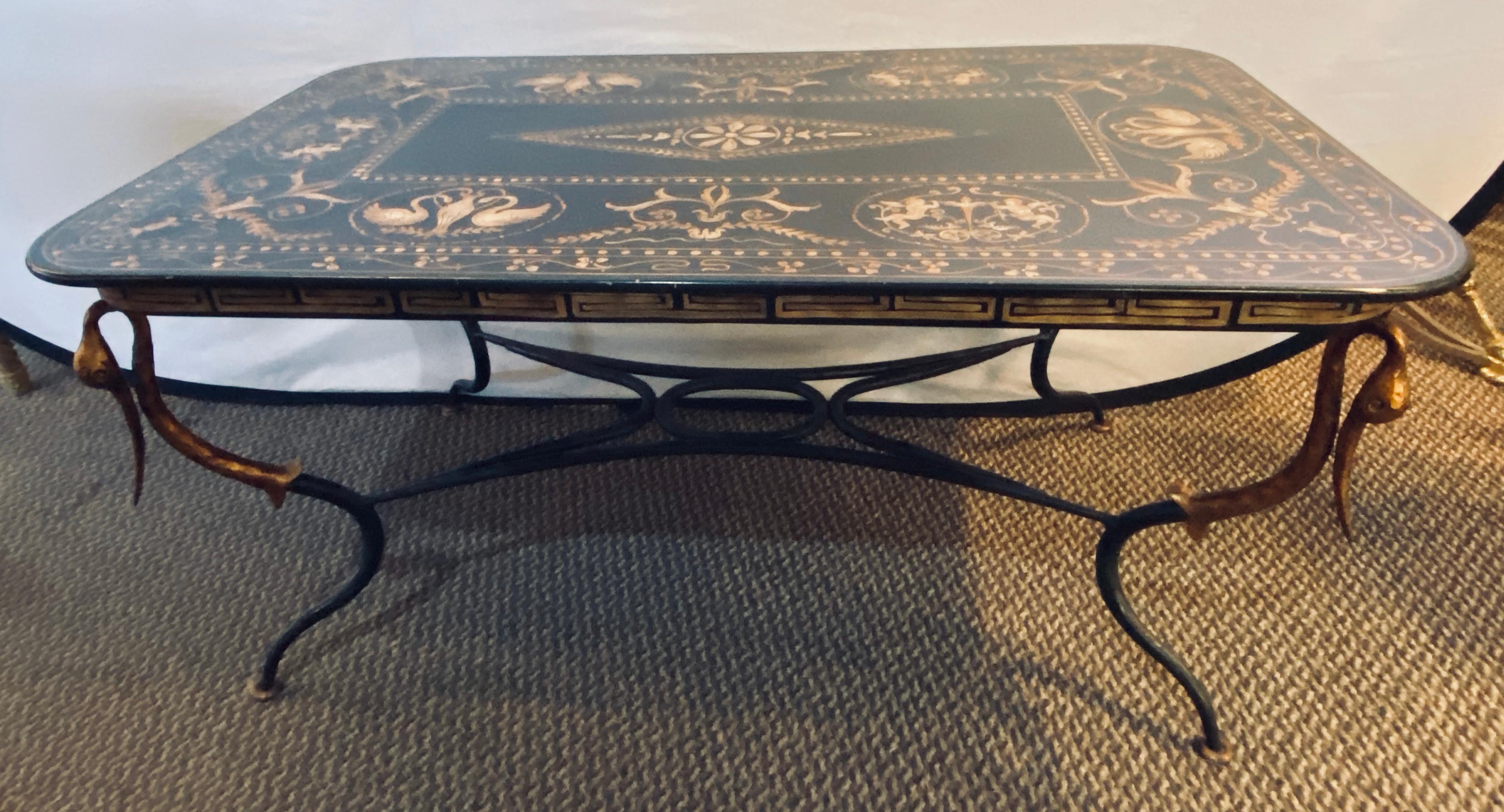 Trouvailles Toile Coffee or Low Table Gilt Metal Base and Corner Stork ...