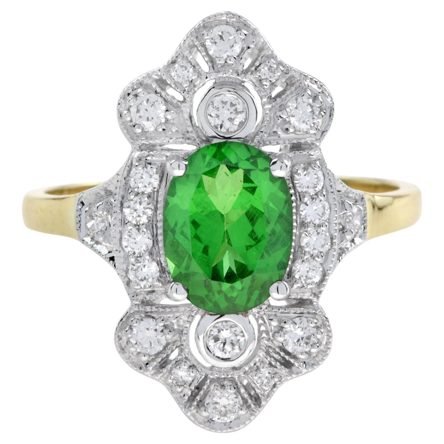 Tsavorite and Diamond Art Deco Style Dinner Ring in 14K Two Tone Gold ...