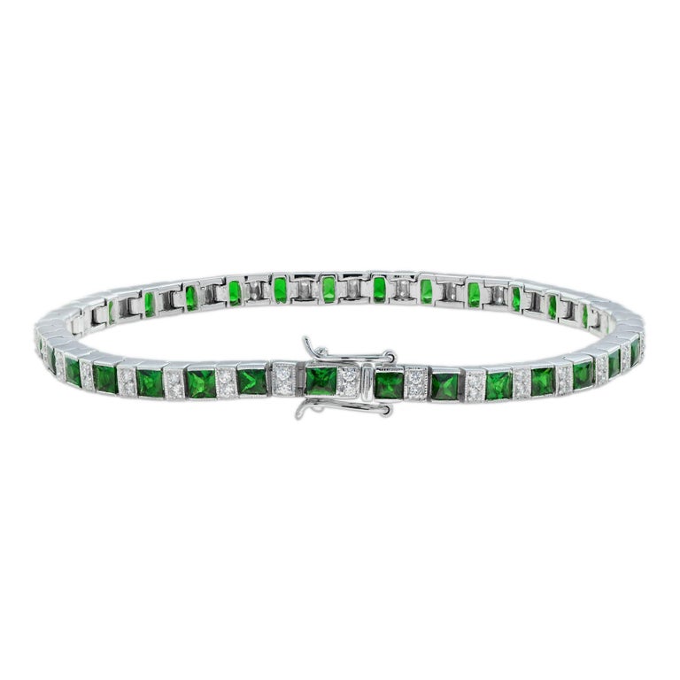 Tsavorite and Diamond Art Deco Style Tennis Bracelet in 18k White Gold ...