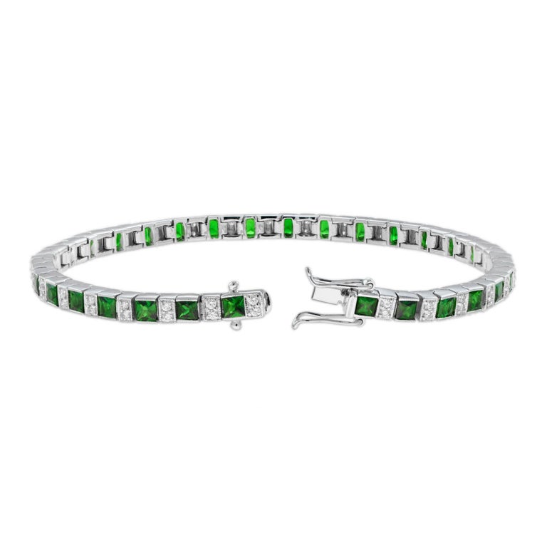 Tsavorite and Diamond Art Deco Style Tennis Bracelet in 18k White Gold ...