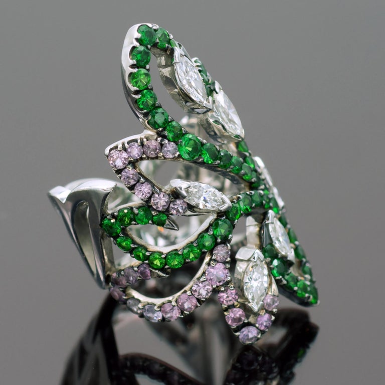 Tsavorite Pink Sapphire and Diamond Arabesque Ring For Sale at 1stDibs