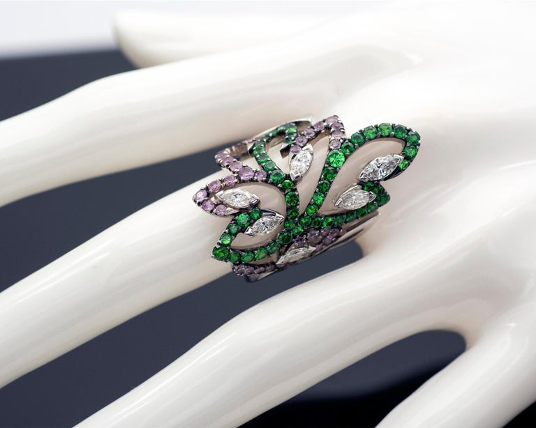 Tsavorite Pink Sapphire and Diamond Arabesque Ring For Sale at 1stDibs