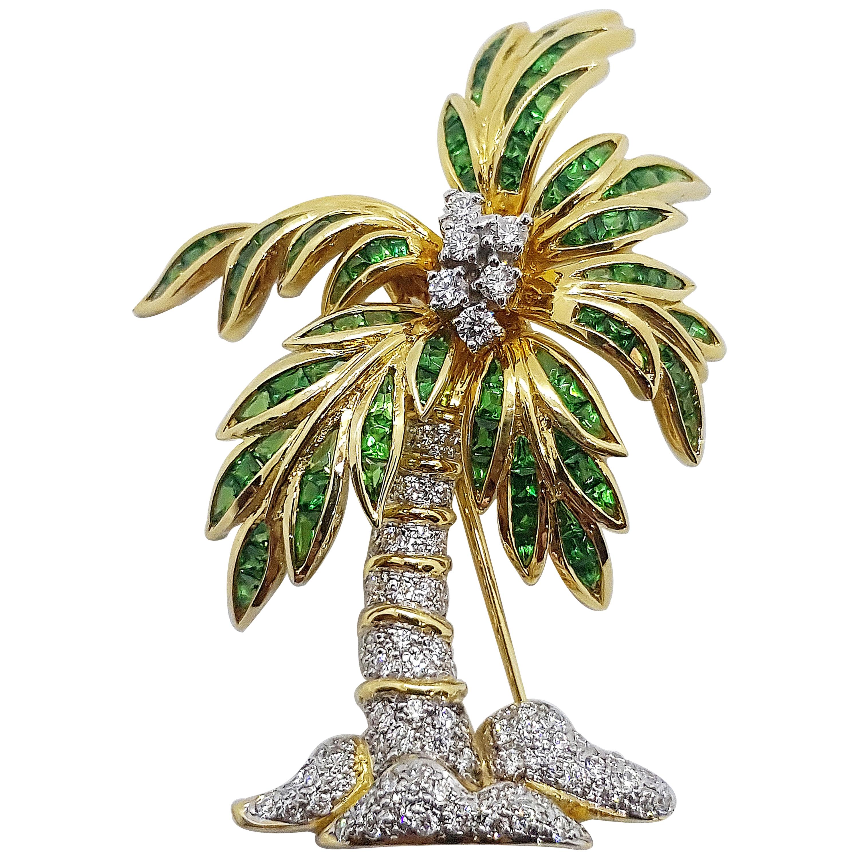 Tsavorite with Diamond Palm Tree Brooch Set in 18 Karat Gold Settings ...