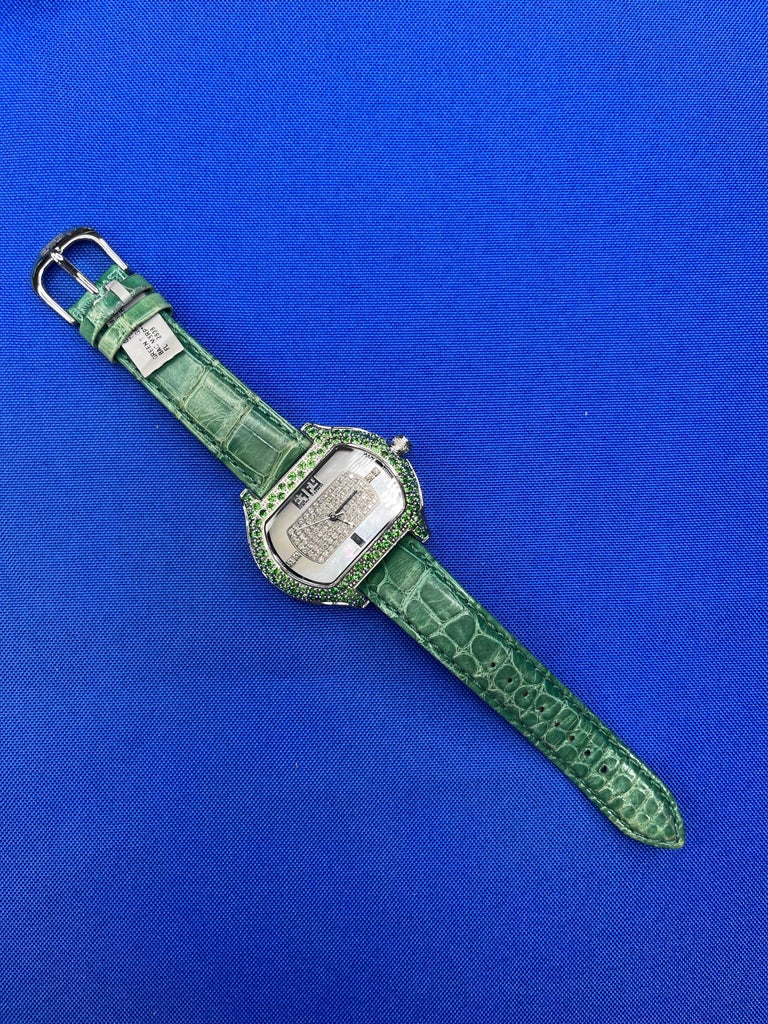 Tsavorites and Diamond Pave Dial Luxury Swiss Quartz Exotic Leather ...