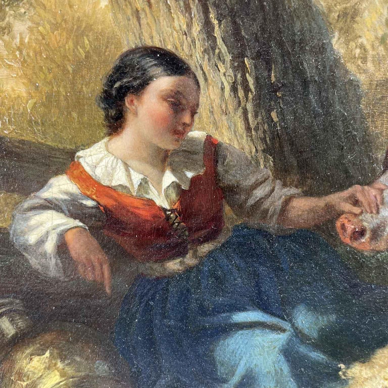 19th Century Flemish Landscape with Shepherdess Cow and Sheep ...