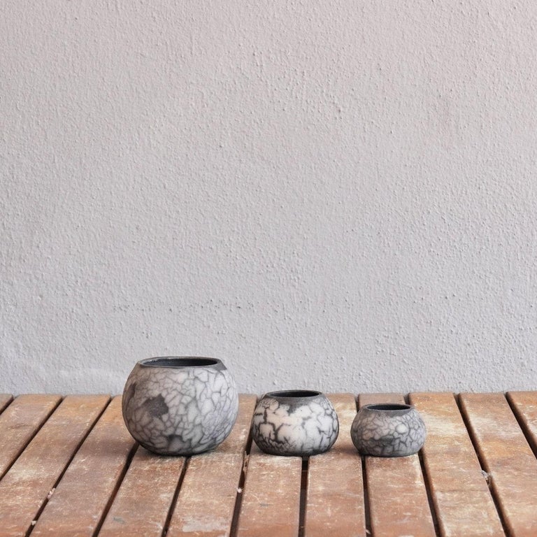 Tsuchi Raku Mini Planter Pot Set of 3 - Smoked Raku - Handmade Ceramic ...