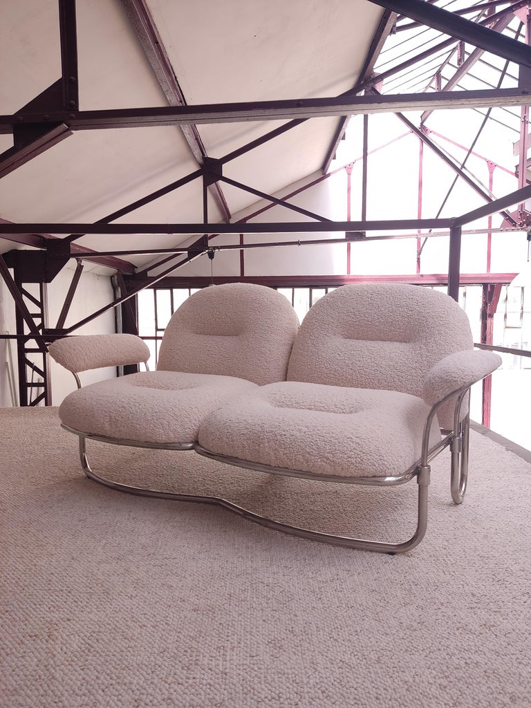 Tubular and Chrome Sofa and Bouclé Ecru, Italy, 1960s at 1stDibs