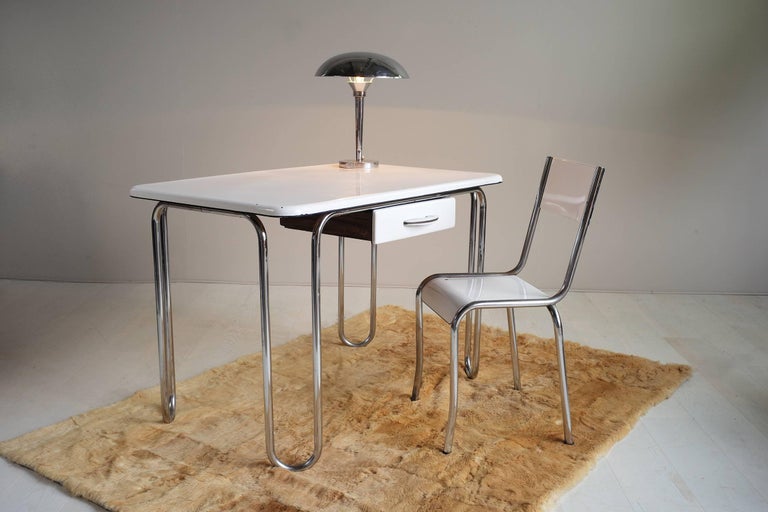Tubular Nickel-Plated and Enamelled Metal Desk and Chair, France, 1930s ...