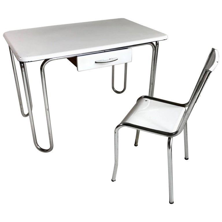 Tubular Nickel-Plated and Enamelled Metal Desk and Chair, France, 1930s ...