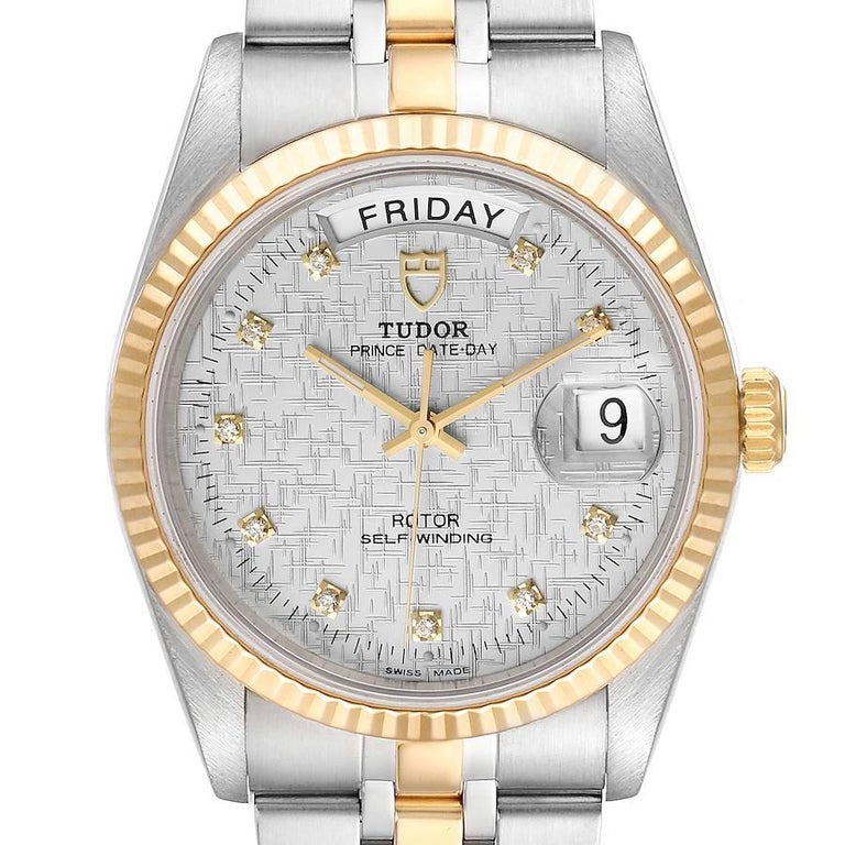 Tudor Day Date Linen Dial Steel Yellow Gold Diamond Watch 76213 Unworn ...