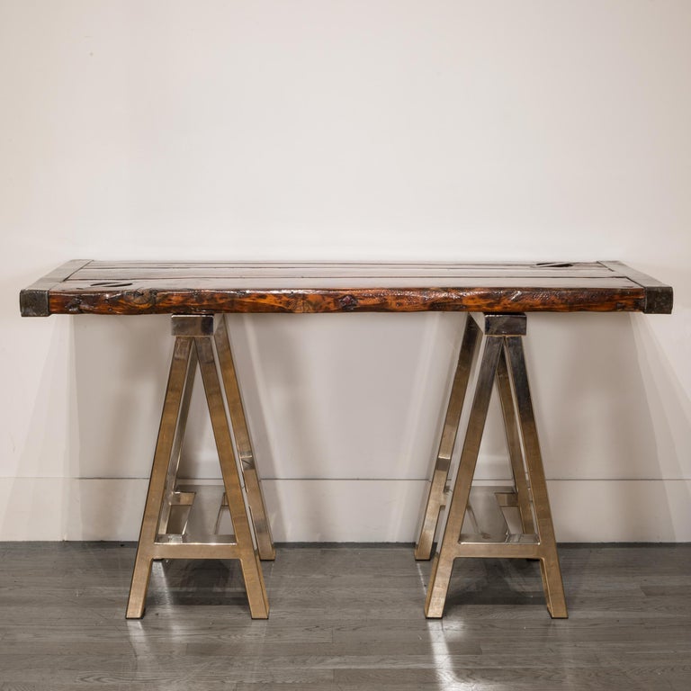 Tudor Oak and Steel Ship Hatch c. 1910 Desk with Polished Nickel ...