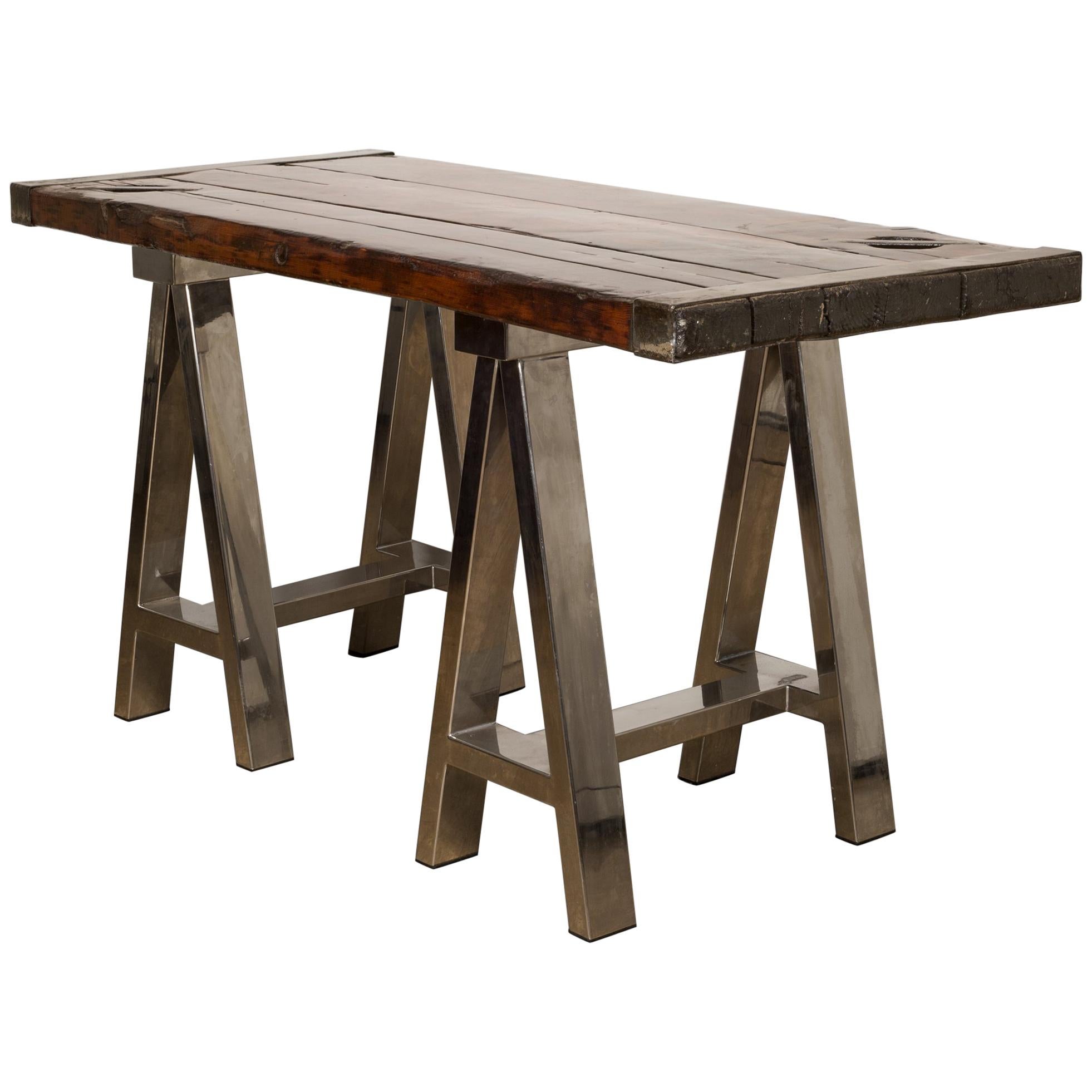 Tudor Oak and Steel Ship Hatch c. 1910 Desk with Polished Nickel ...