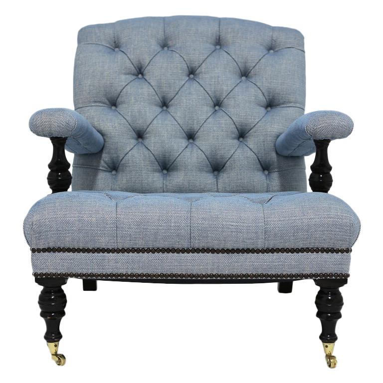 Tufted Club Chair in Blue Linen Fabric with Turned Wood Legs and ...
