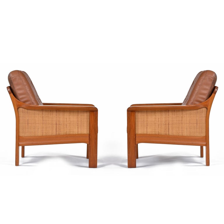 Tufted Leather Balinese Style Danish Modern Solid Teak and Cane Lounge ...